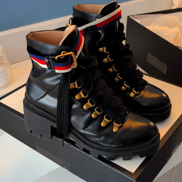 Gucci | Shoes | Gucci Sylvie Ribbon Trip Combat Lug Moto Boots 375 7 75 ...